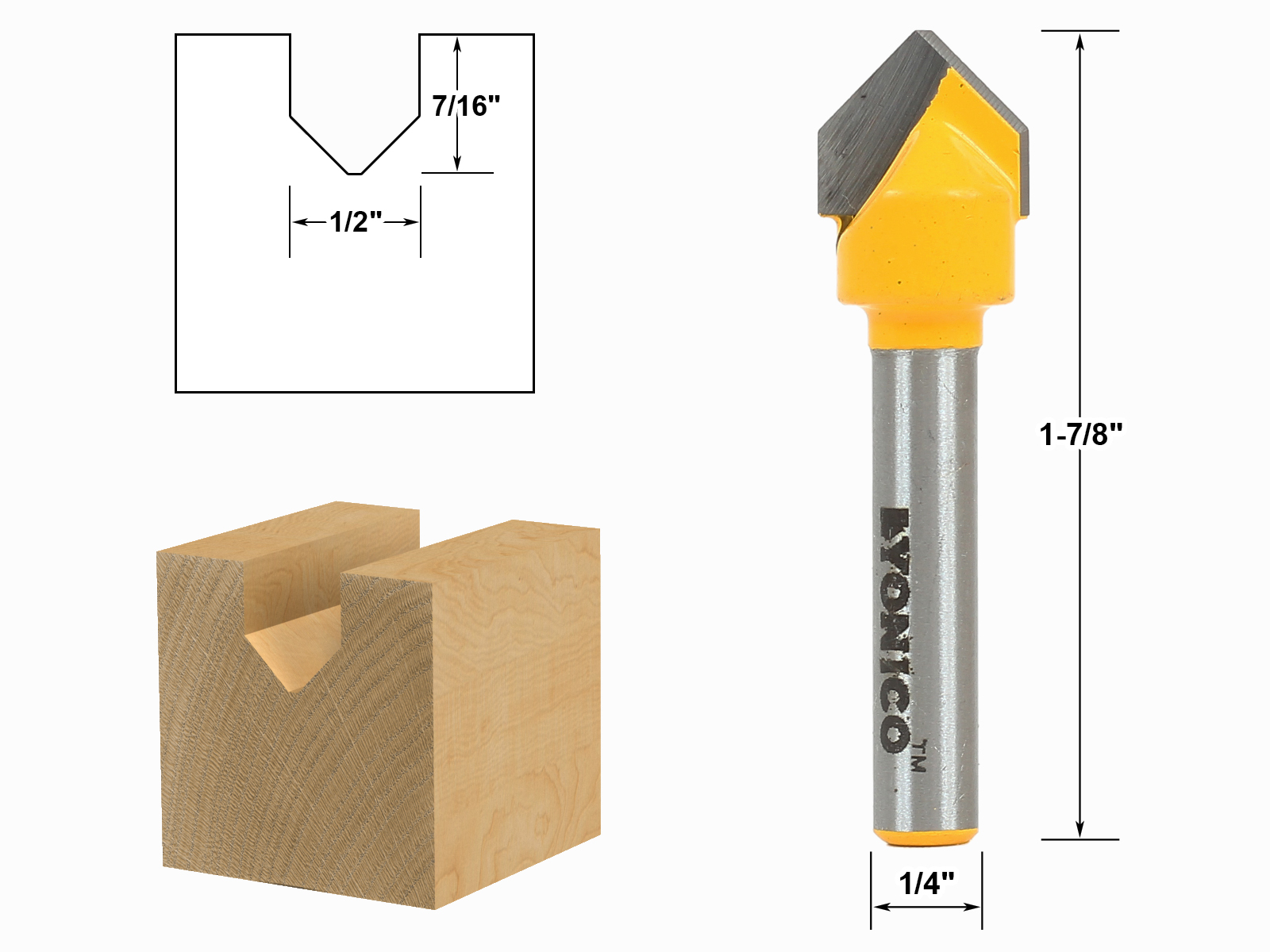 60 Degree X 1/2" Diameter V Groove Flat Bottom Router Bit - 1/4" Shank ...