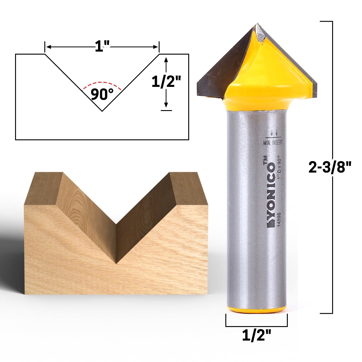 90 Degree X 1" Diameter V Groove Router Bit - 1/2" Shank - Yonico 14996 ...