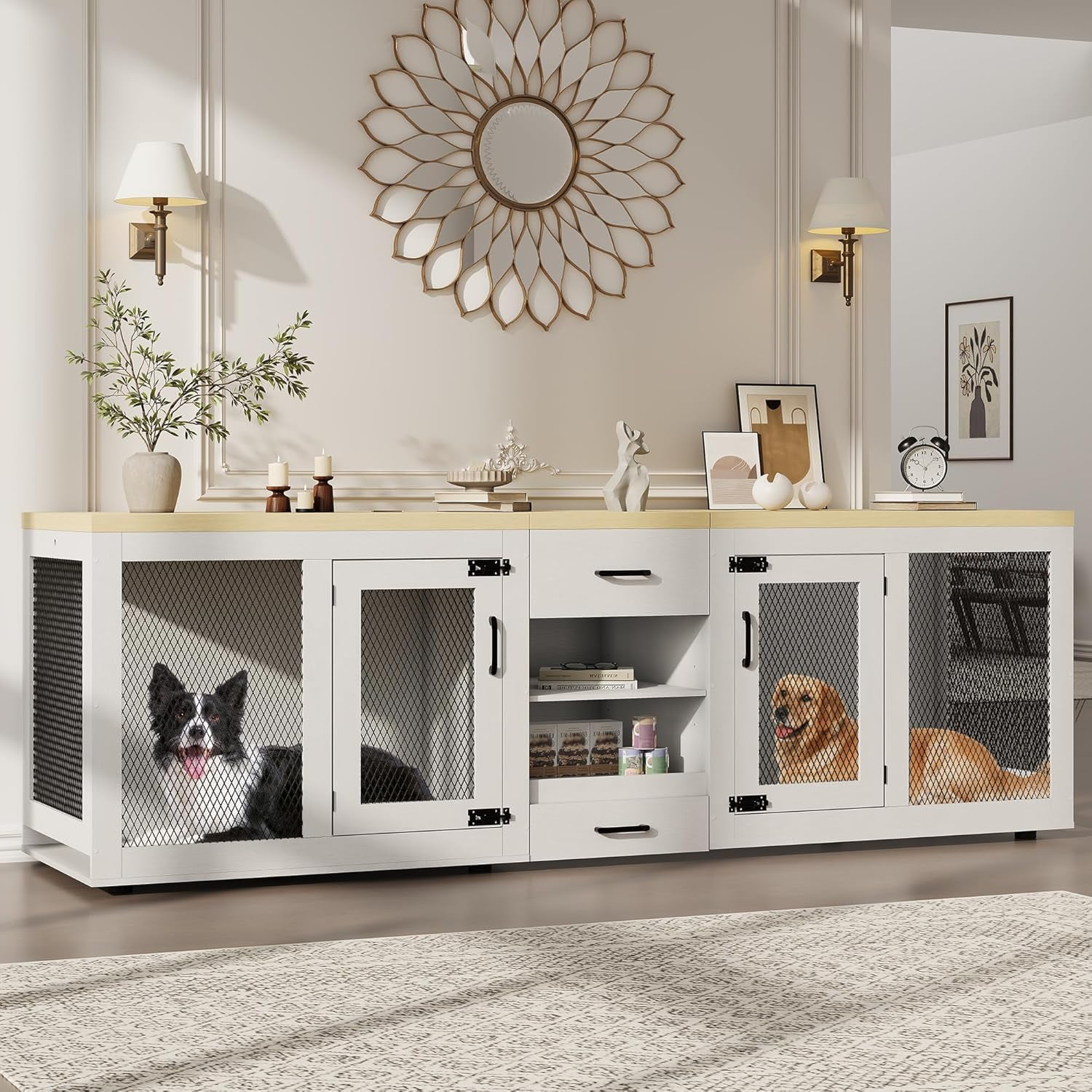 90" Double Dog Crate Furniture with Feeding Station, Heavy Duty Dog ...