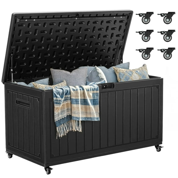 90 Gallon Outdoor Storage Box with 6 Wheels, Large Double-Wall Resin ...