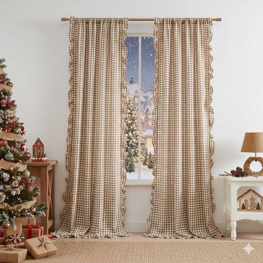 90 Inch Brown Buffalo Plaid Crinkle Curtains with Pretty Ruffle Edges ...