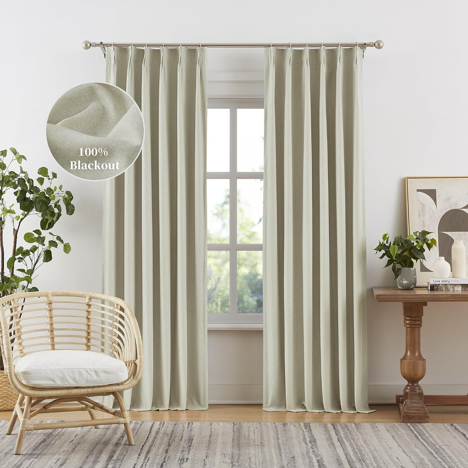 90 Inch Curtains for Living Room Greige Natural Linen Pinch Pleat Back ...