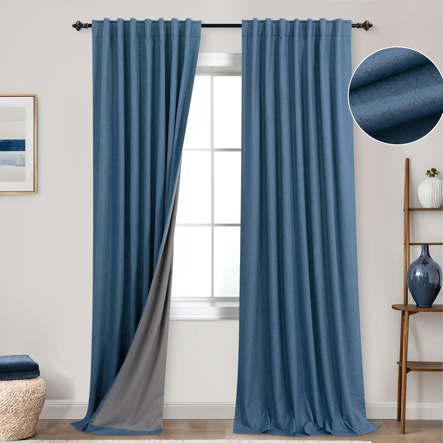 90 Inch Curtains Long, Denim Blue Linen Blackout Thermal Contemporary ...