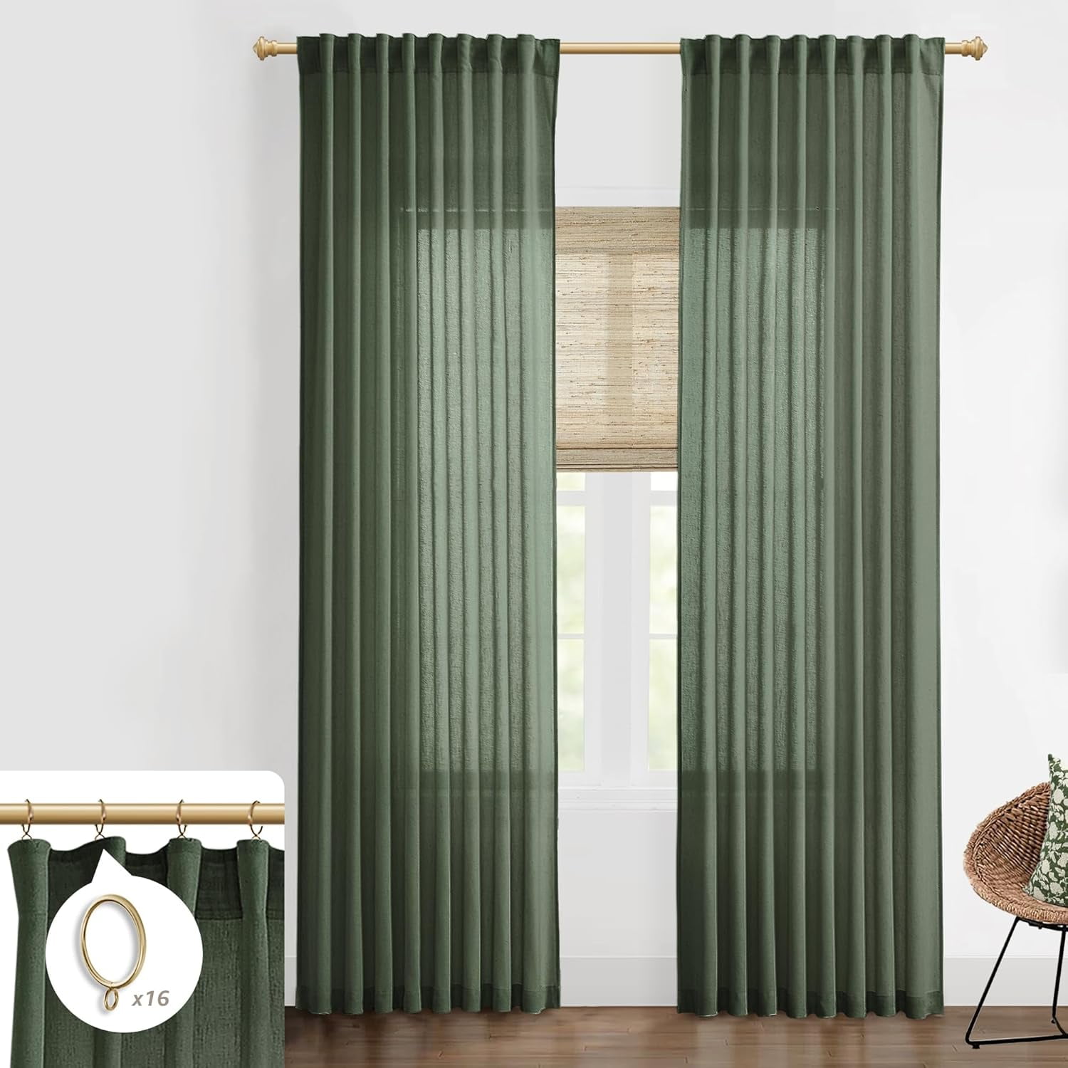 90 Inch Curtains Long, Sheer Linen Olive Green Cottagecore Boho ...