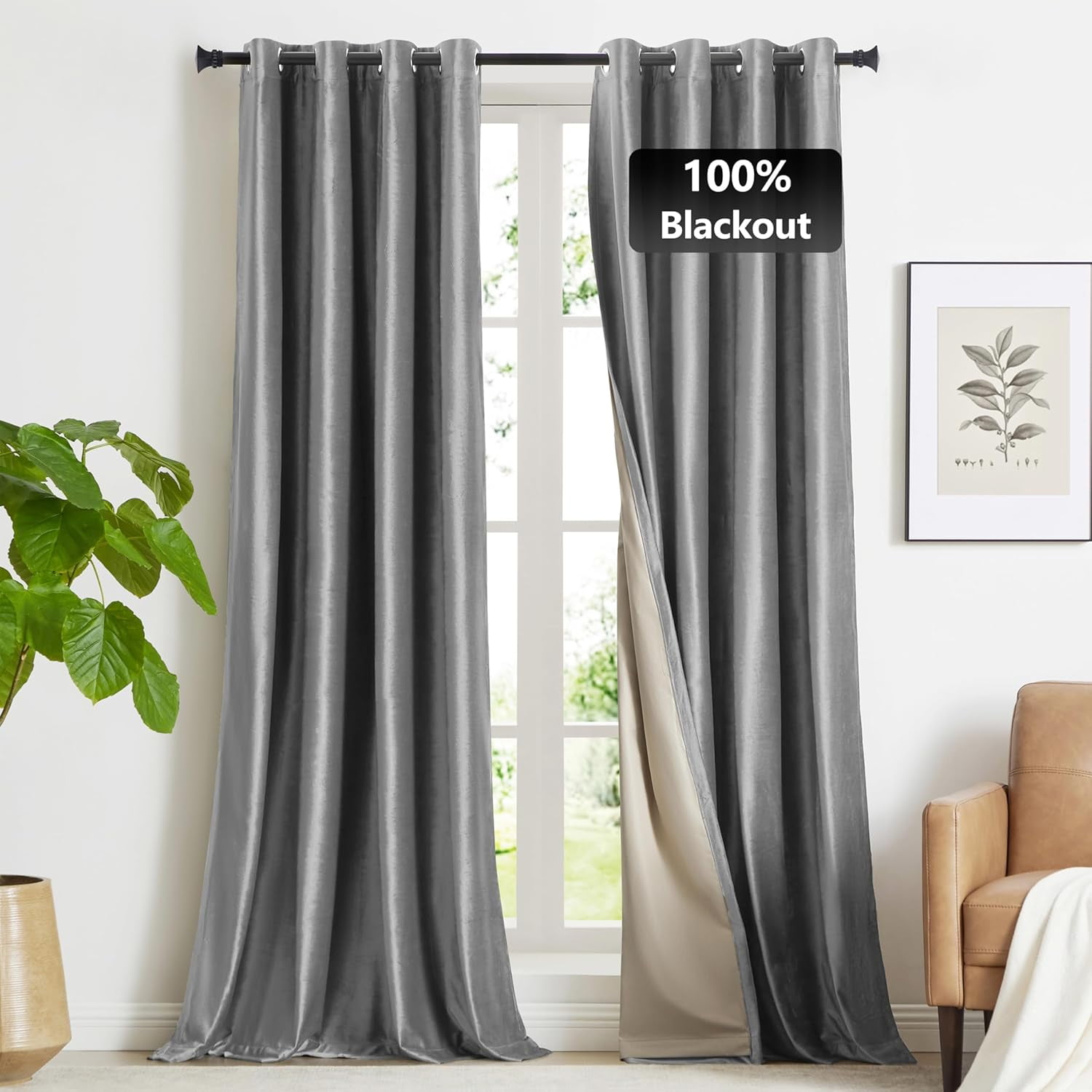 90 Inch Long 100% Blackout Gray Velvet Curtains 2 Panels for Living ...