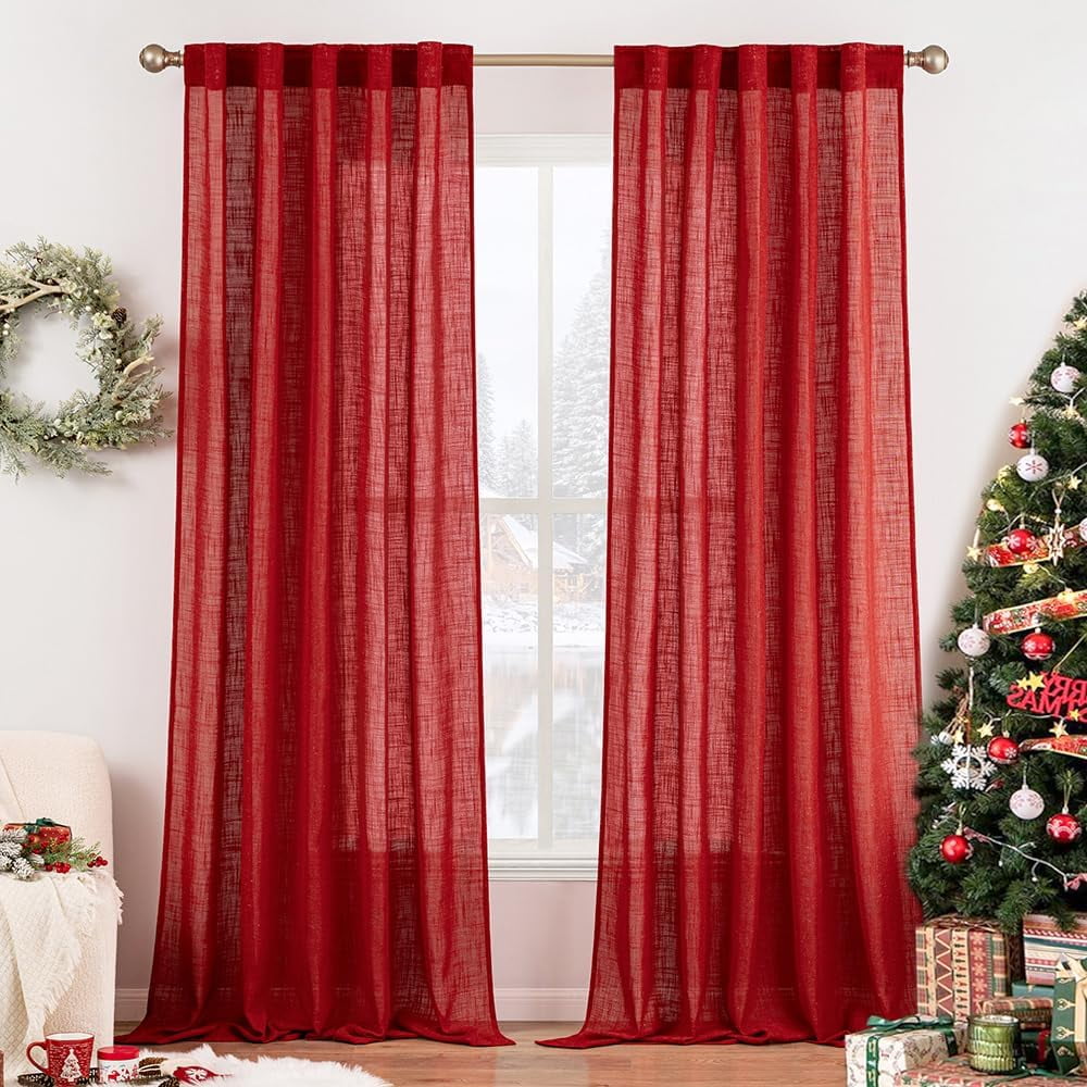 90 Inch Long Red Linen Curtains for Bedroom Living Room, Soft Thick ...