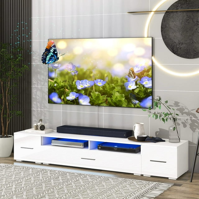 90 Inch TV Stand with LED Lights, High Gloss LED Entertainment Center ...