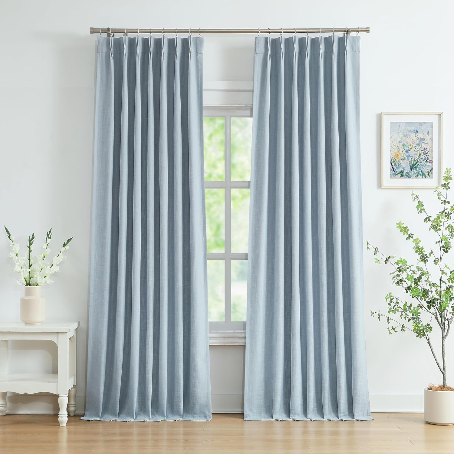 90 Inches Length Dusty Blue Pinch Pleated 100 Blackout Curtain Panels with Liners,Linen Textured ...