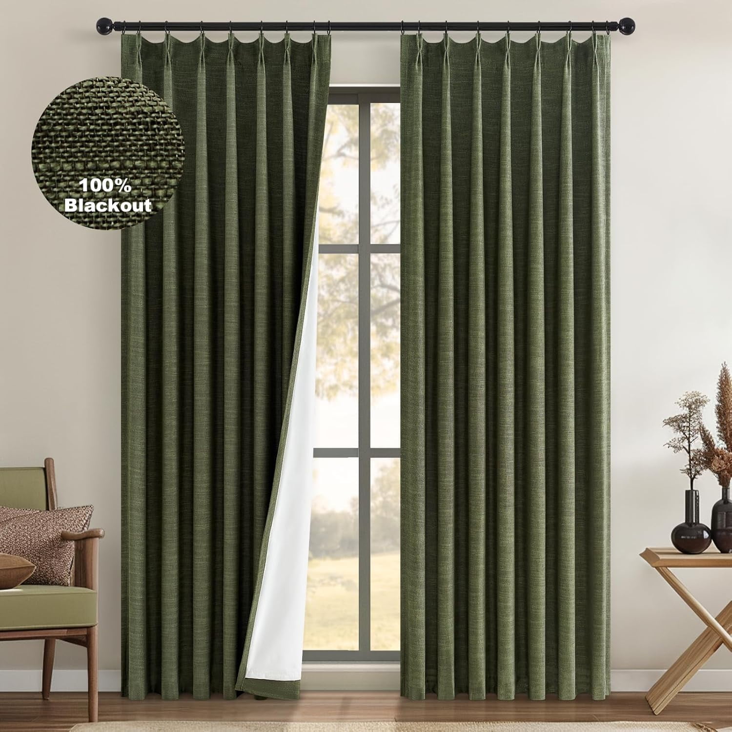 90 Inches Long Olive Green Curtains,Linen Pinch Pleat Light Blocking ...