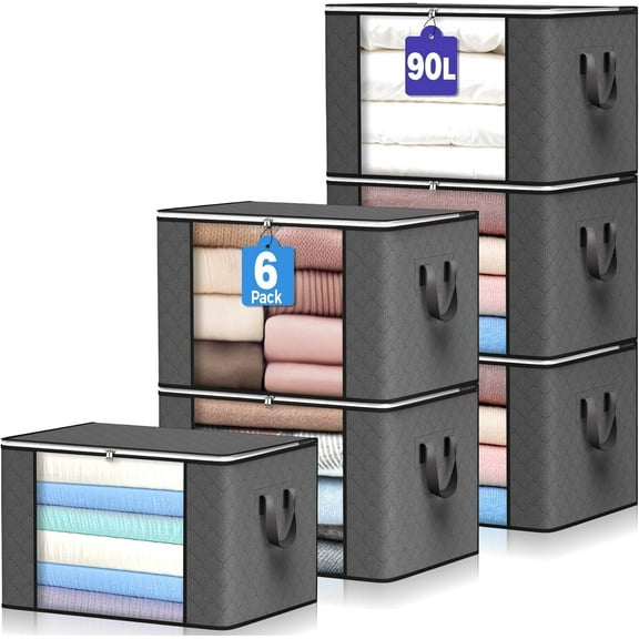 90 L Large Storage Bags, 6 Clothes Bins Foldable Closet Organizer ...