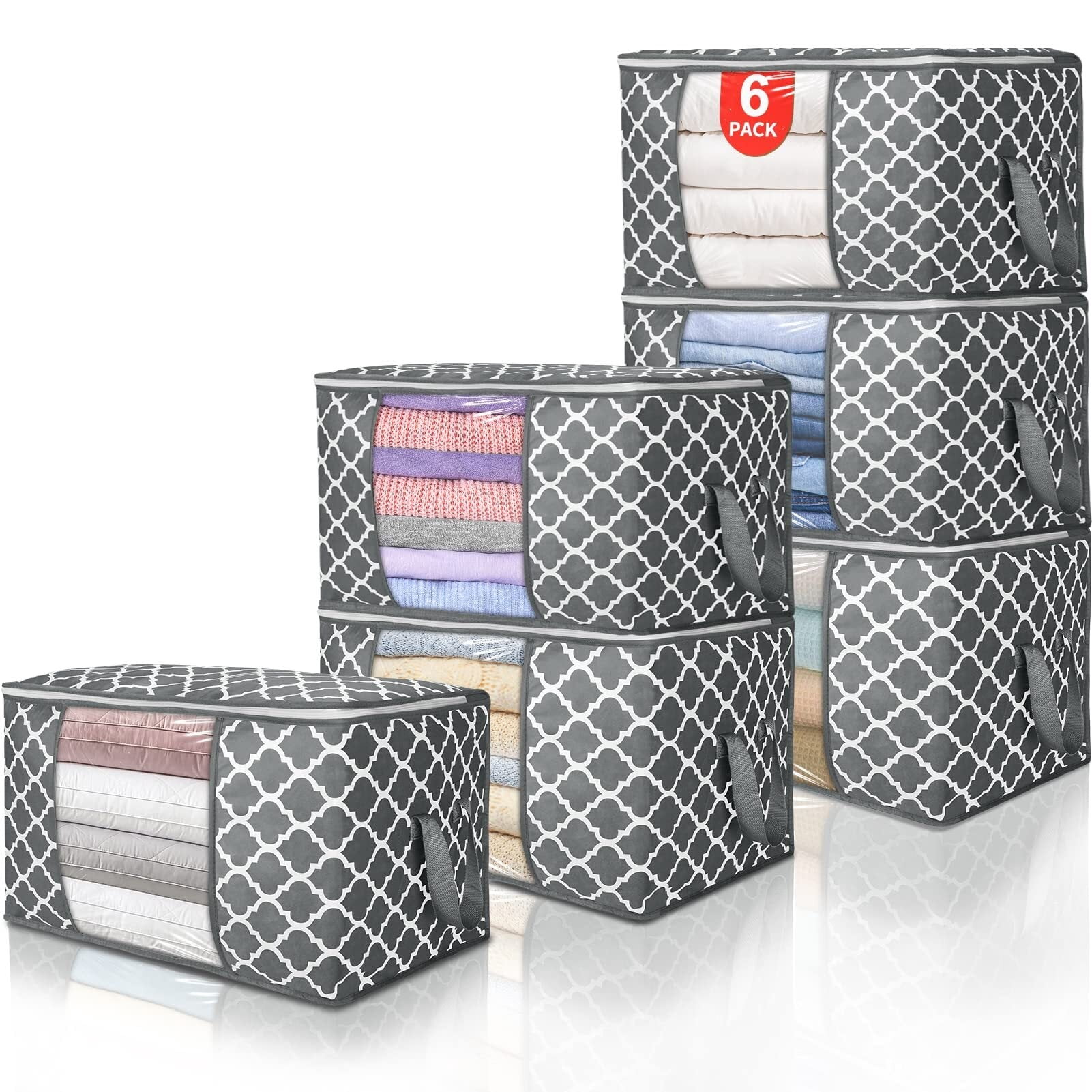 90 L Large Storage Bags, 6 Pack Clothes Storage Bins Foldable Closet ...