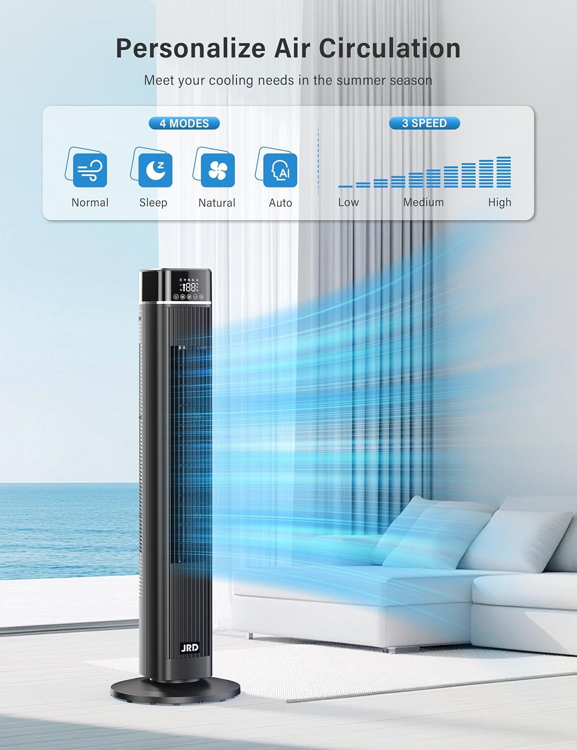 90 Oscillating Tower Fan with Remote, 40'' Quiet Cooling Fan, 3 Speeds ...