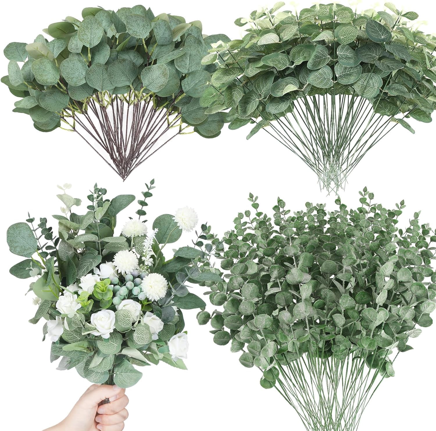 90 Pcs 3 Kinds Mixed Artificial Eucalyptus Leaves Stems Bulk Silver ...