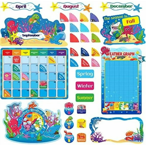 90 Pcs Sea Calendar Bulletin Board Set Pocket Chart Seasons Weather ...