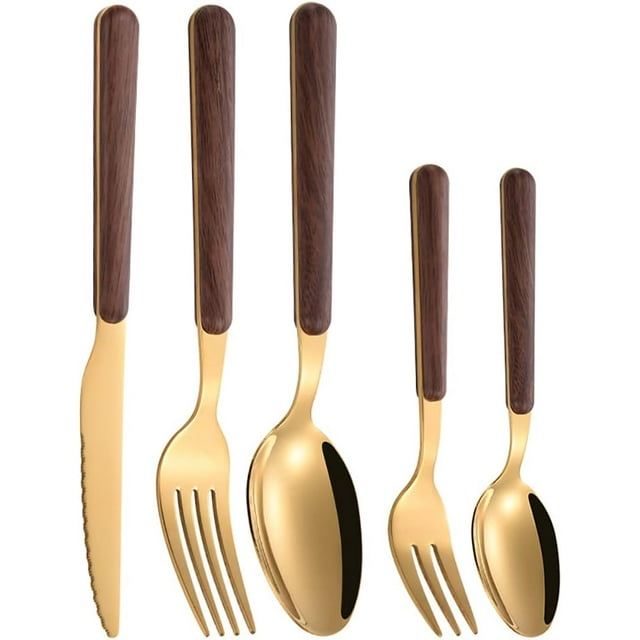 90 Piece Silverware Set for 18 ,Wooden Handle Stainless Steel Flatware ...