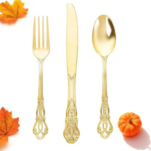 90 Pieces Gold Plastic Silverware - Heavy Duty Gold Disposable Utensils ...