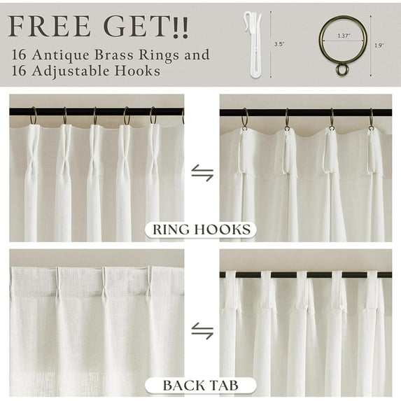 90" Pinch Pleated Linen Curtains, Set of 2 Panels, 50"W x 90"L, Memory ...