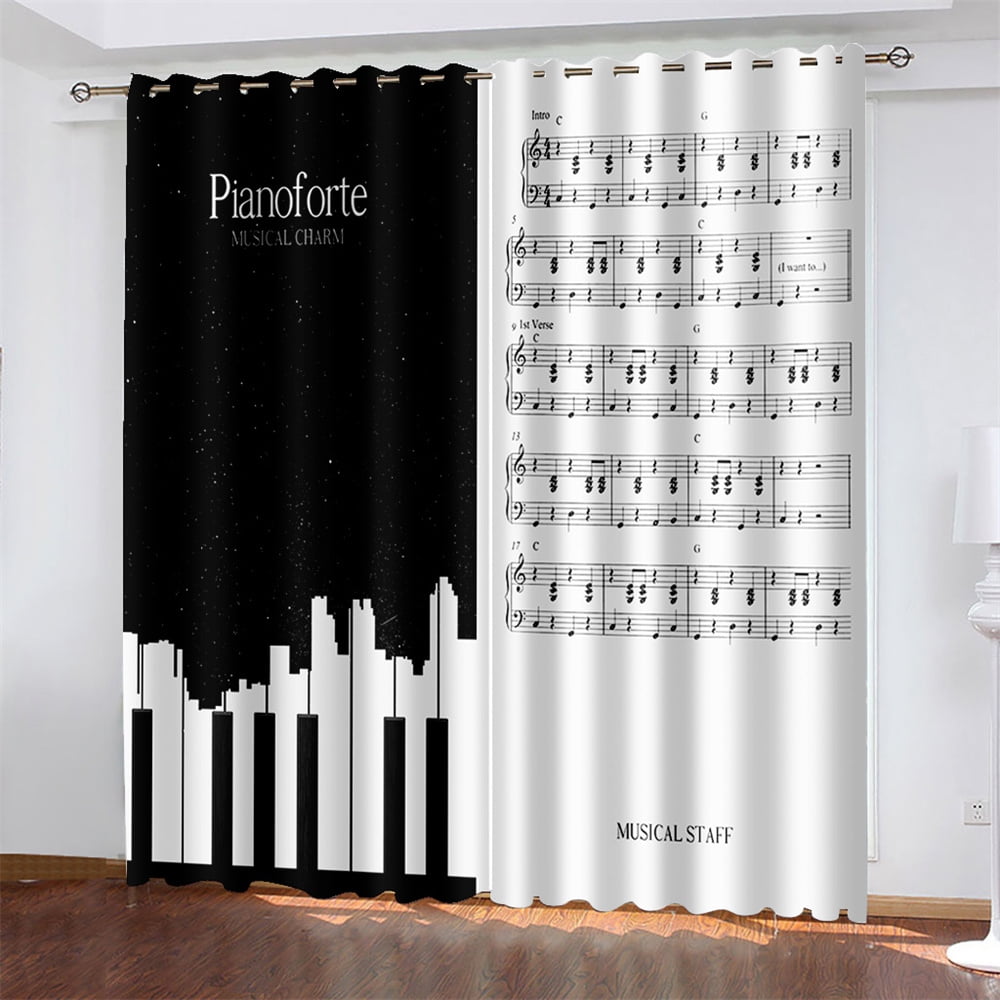 90% Shading Thick 2Pieces Music Notes Piano Blackout Window Curtain For ...