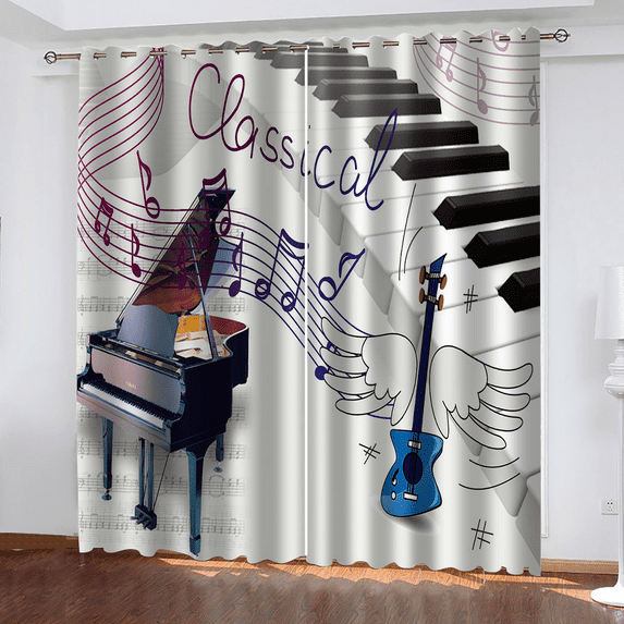 90% Shading Thick 2Pieces Music Notes Piano Blackout Window Curtain For ...