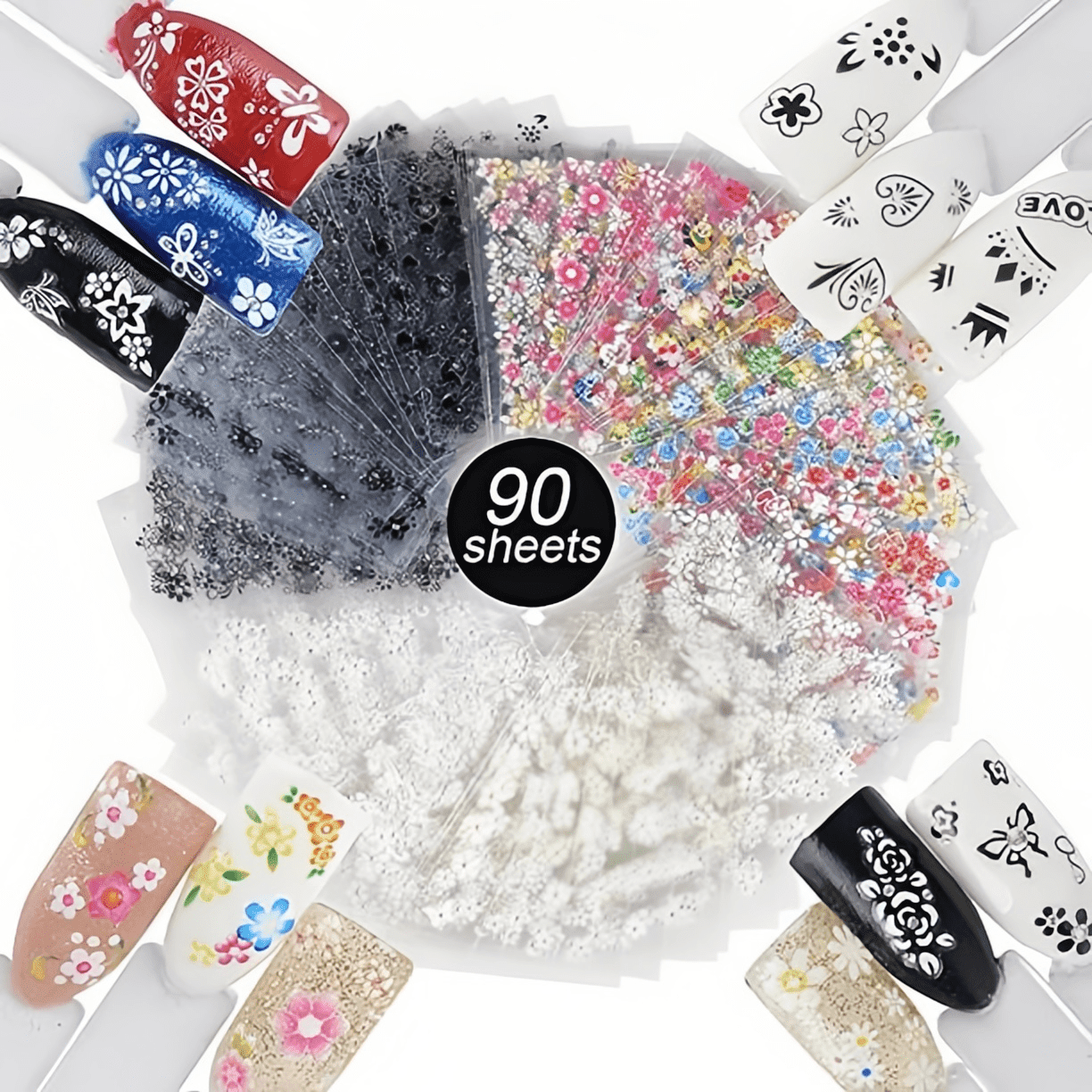90 Sheets Colorful Flower Nail Art Stickers 3D Self Adhesive Nail Art ...