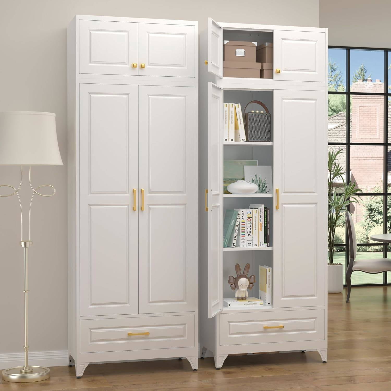 90" Tall White Metal Pantry Cabinet with Drawer, 4 Adjustable Shelves ...
