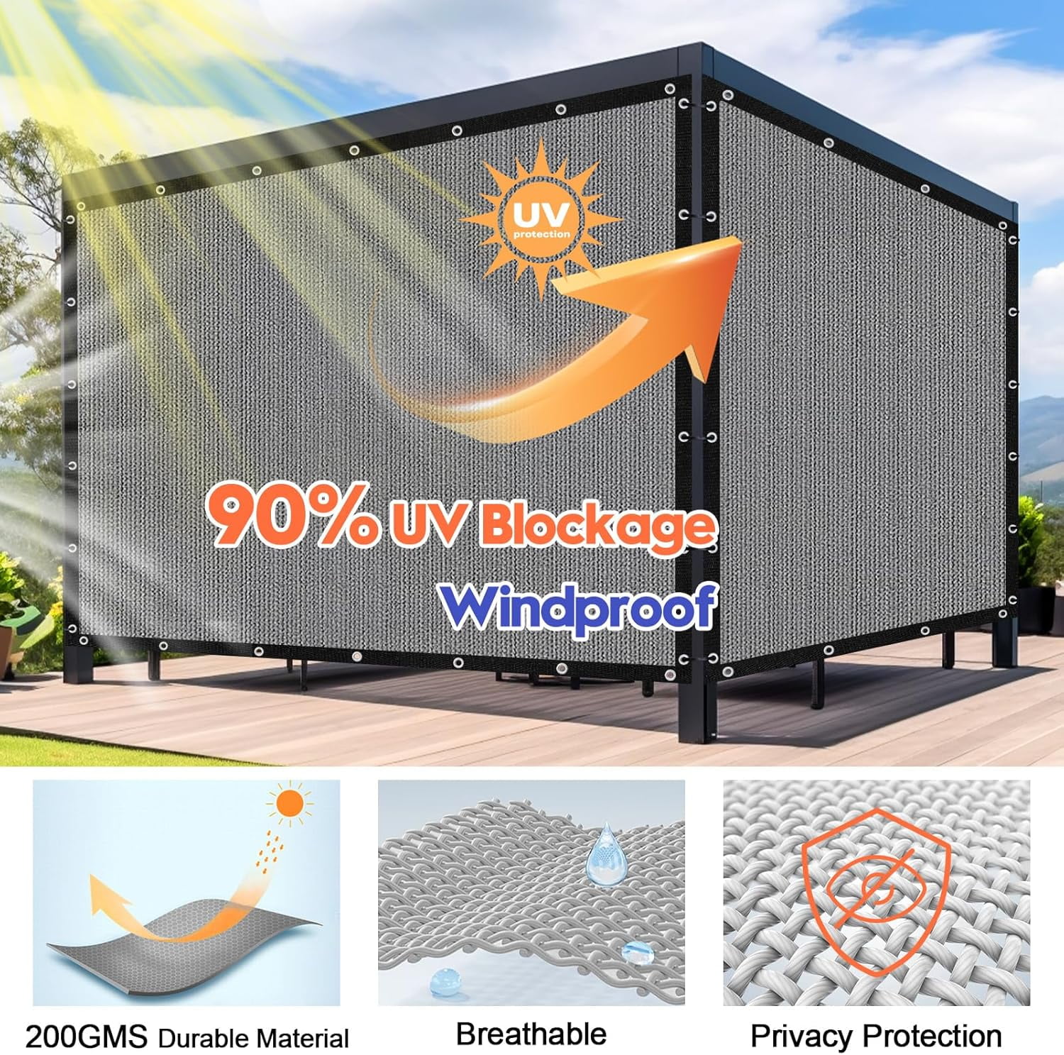90% UV Blocking Sun Shade Cloth - 12'x12' Light Grey Patio Cover for ...