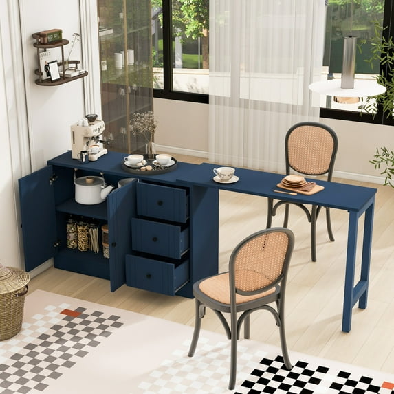 90" Wooden Sideboard with Extendable Table, Modern Buffets Cabinet with ...
