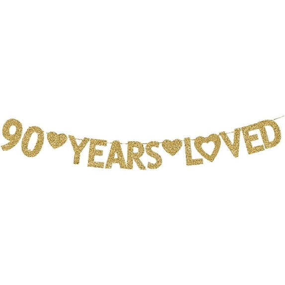 90 Years Loved Banner, Gold Glitter Happy 90th Birthday Party ...