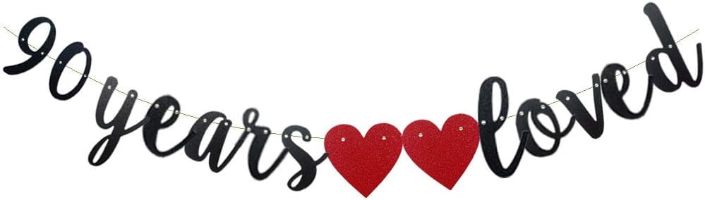 90 Years Loved Banner,Pre-Strung, Black Paper Glitter Party Decorations ...