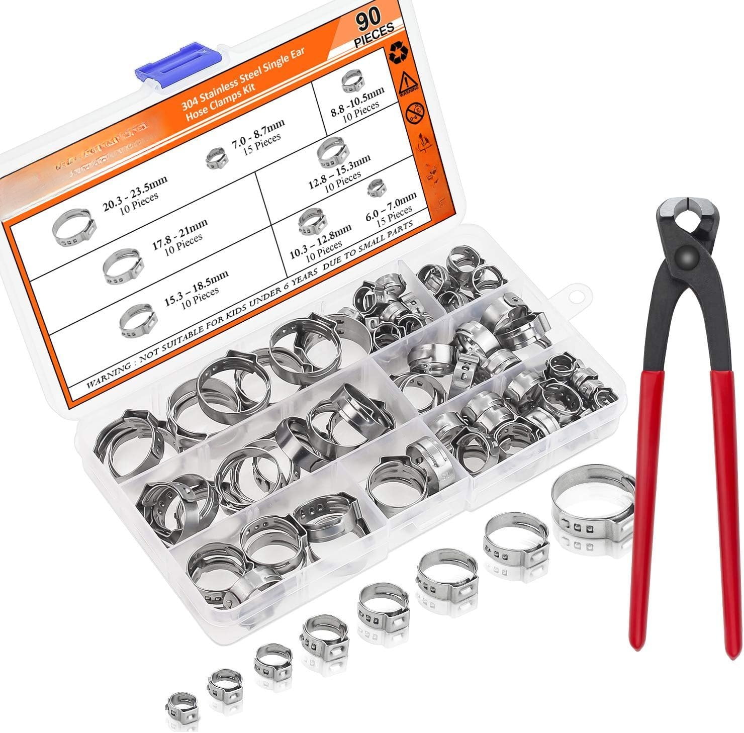 90 count 1/4"-15/16" 304 Stainless Single Ear Hose Clamps with Pincers ...