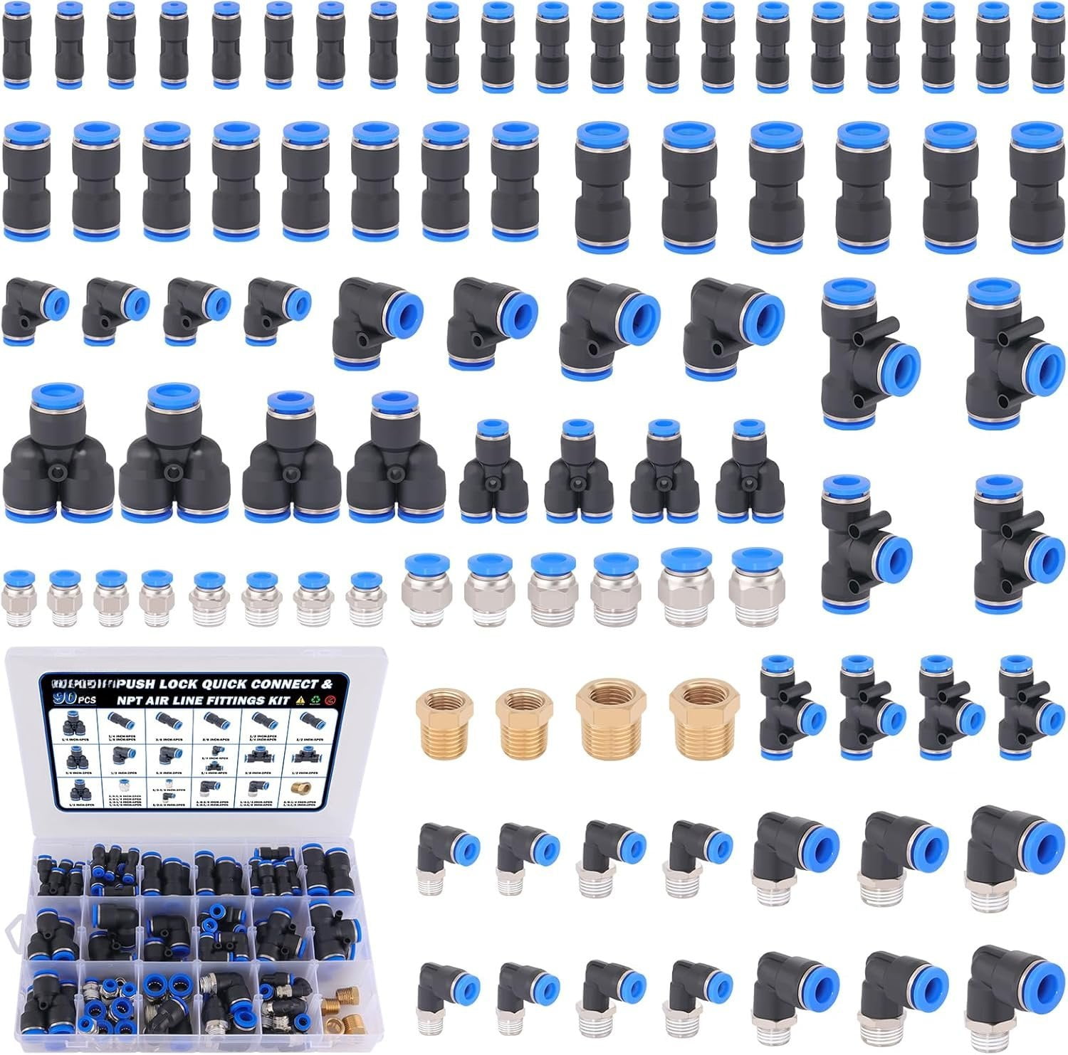 90 count Quick Connect Air Line Fittings Kit Pneumatic Push Lock Air ...