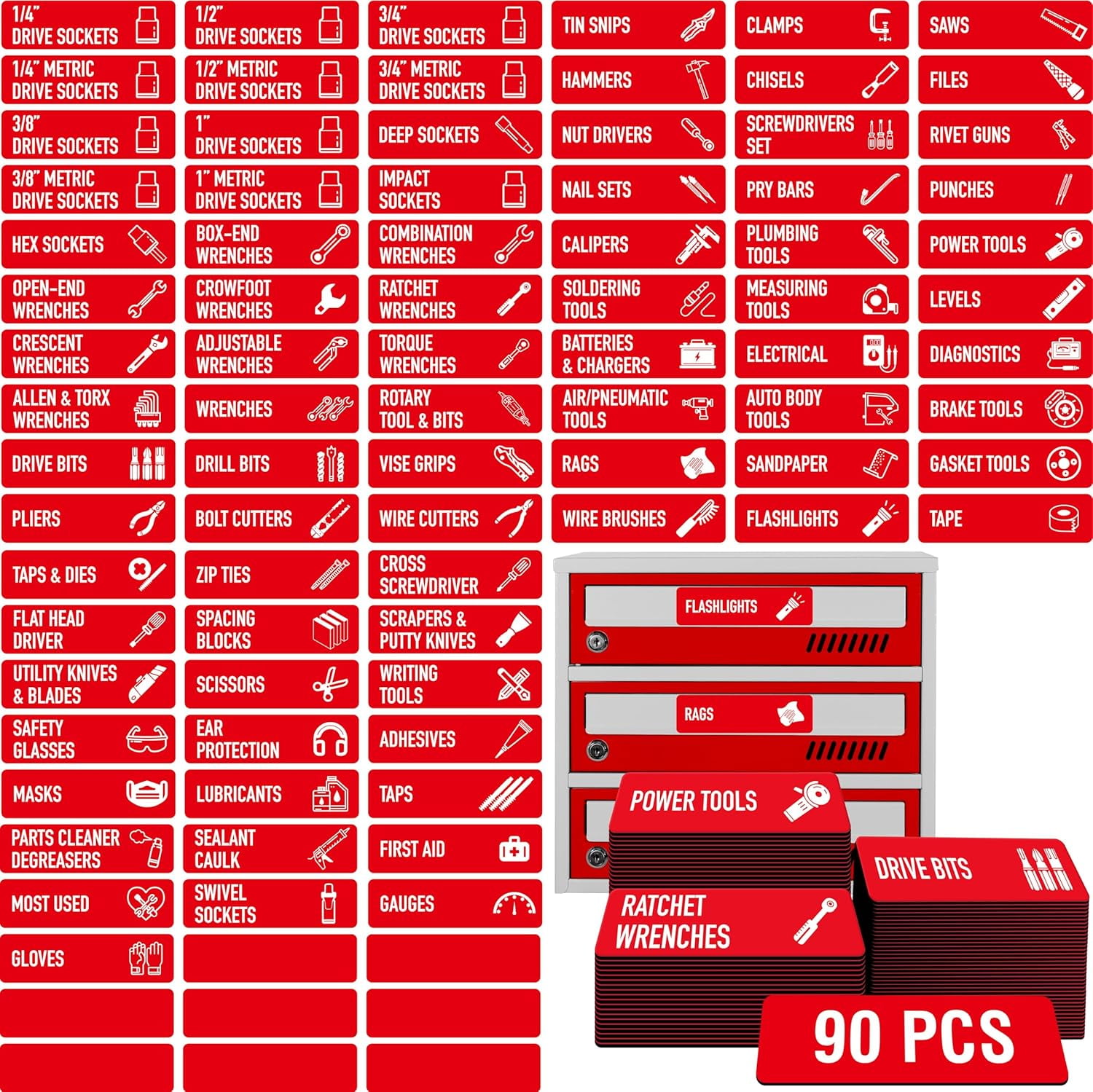 90 count Toolbox Labels, 82 Pre-Printed & 8 Blanks Large Size Tool ...