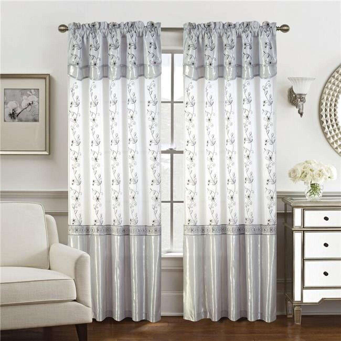 90 in. Priscilla Embroidered Panel with Double Valance, Silver ...