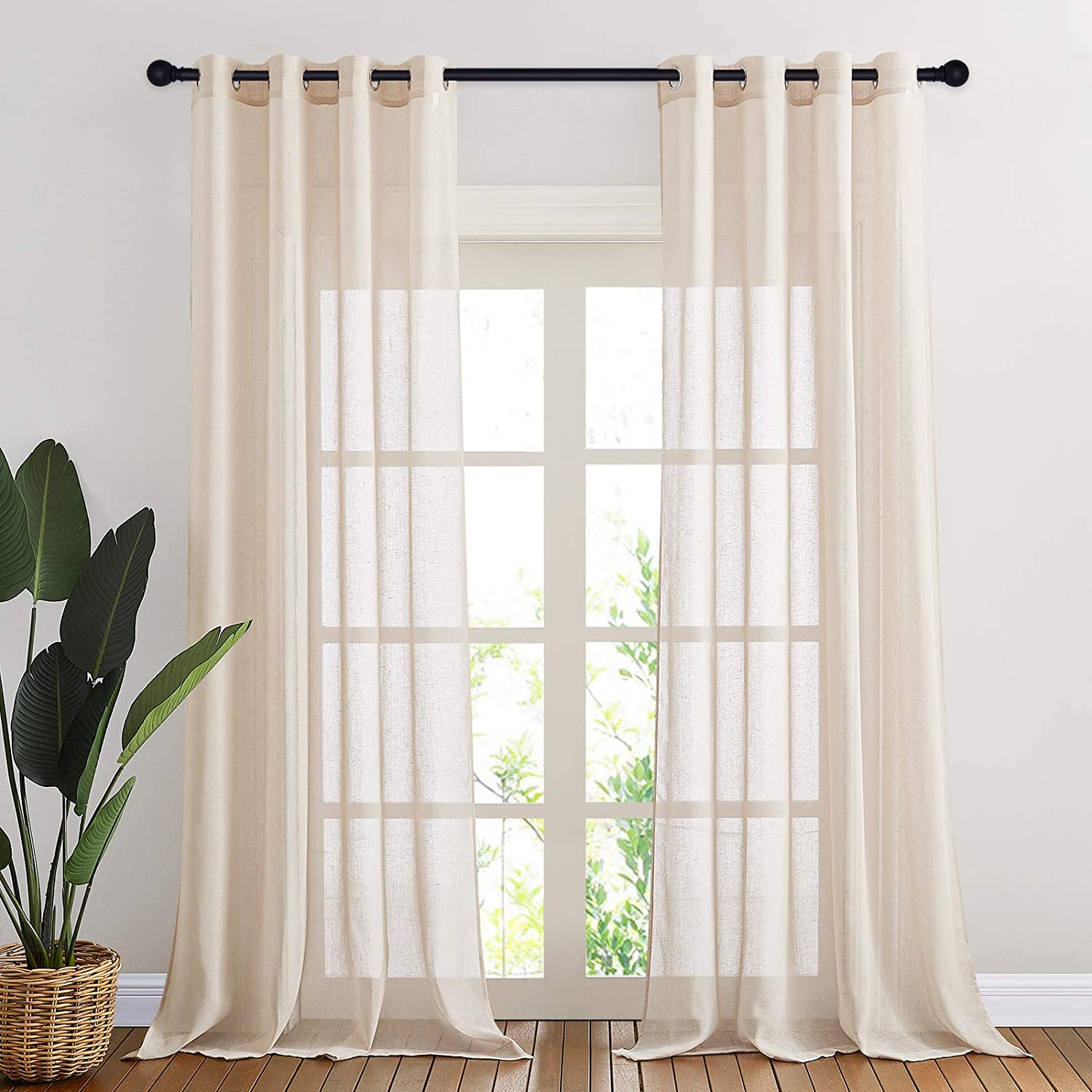 90 inch Beige Curtains Linen Sheer Faux Flax Window Drapes, Grommet ...