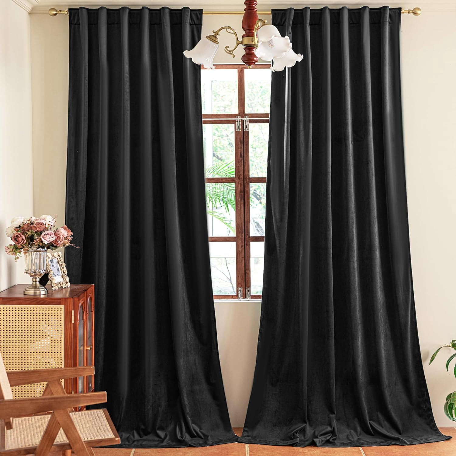 90 inches 2 Panels, Black Blackout Luxury Velvet Curtains Thermal ...