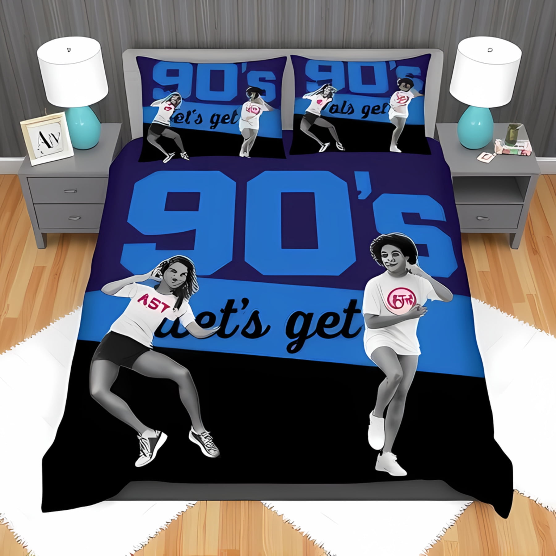 90's -Piece Duvet Cover Set - Bold Blue Lettering & Energetic Dance ...