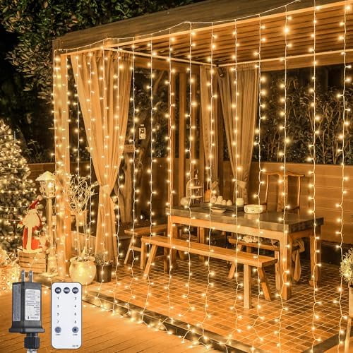 900 LED Outdoor Curtain Lights, 9.5x29.5ft Christmas Lights Plug in ...