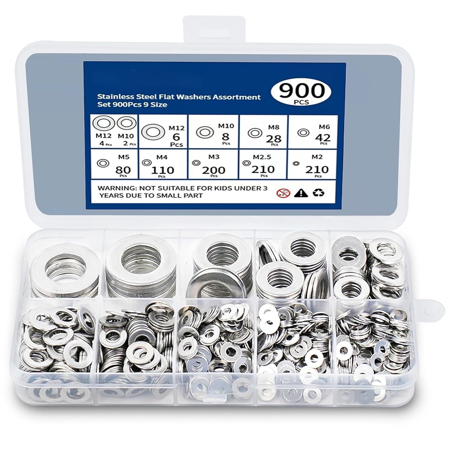 900 Pcs Stainless Steel Flat Washers for Screws, 304 Stainless Steel, Assorted Sizes (M2 M2.5 M3 ...