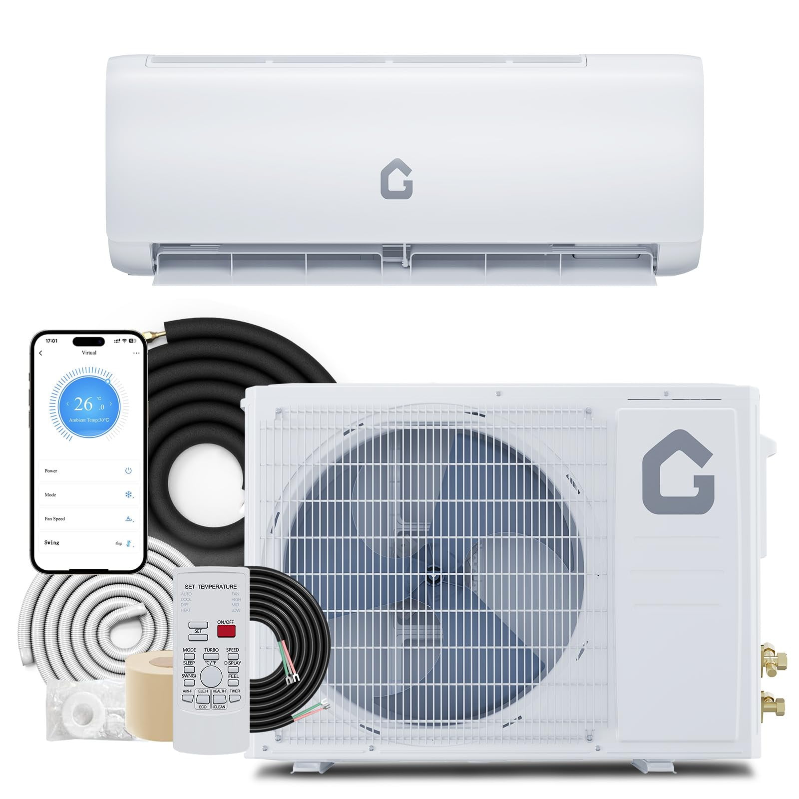 9000 BTU Wifi Enabled Mini Split AC Unit & Heater with Inverter, 18.5 ...