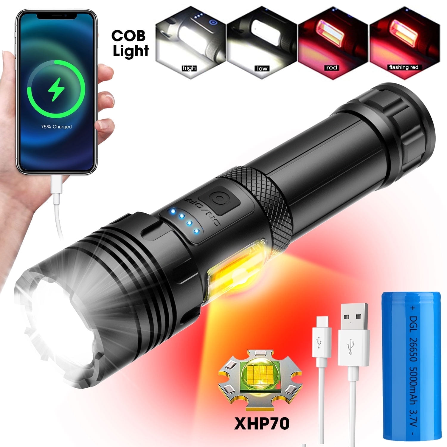 90000 Lumens Powerful Flashlight, Rechargeable Waterproof Searchlight ...