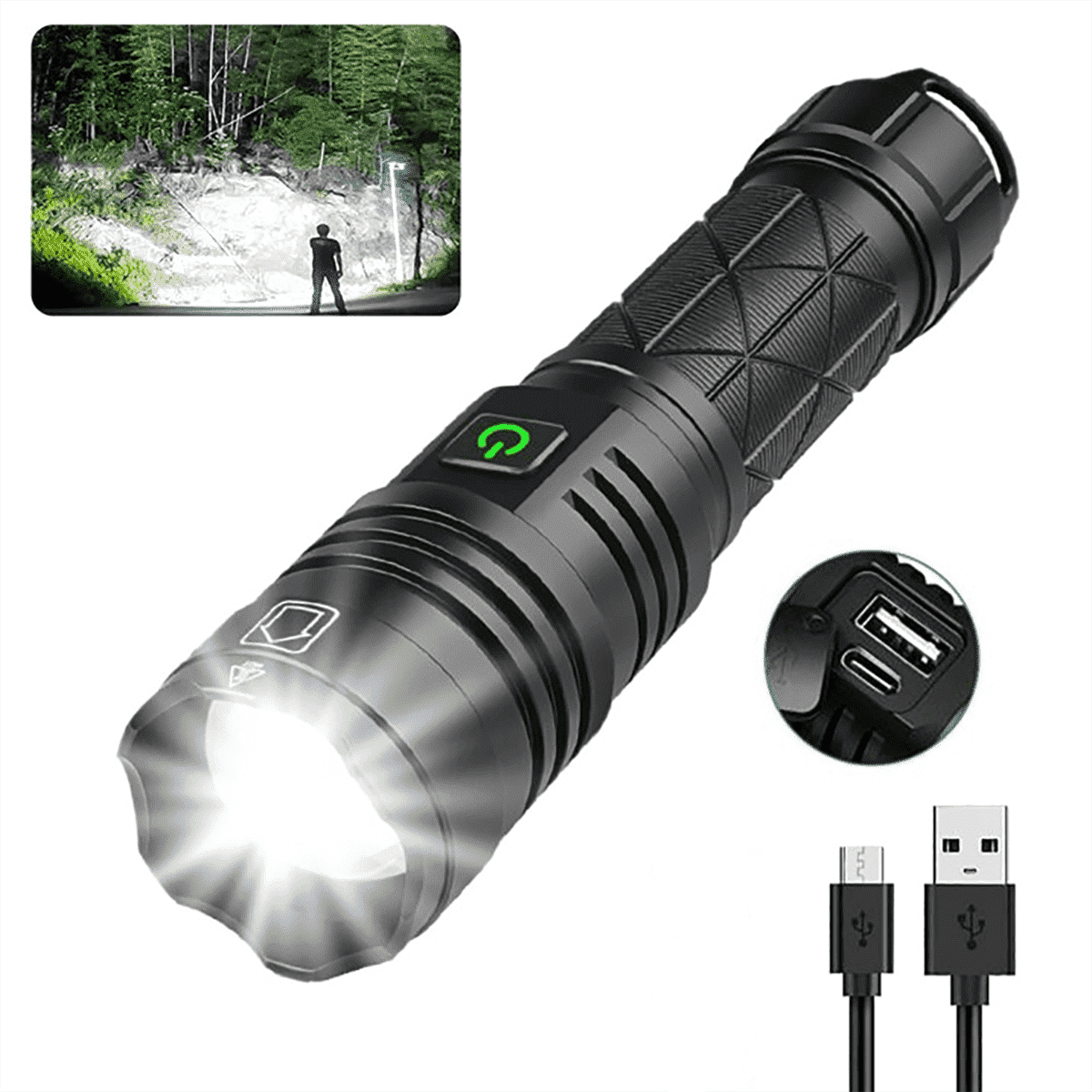 90000 Lumens Rechargeable Flashlight, Super Bright XHP70 Powerful LED ...