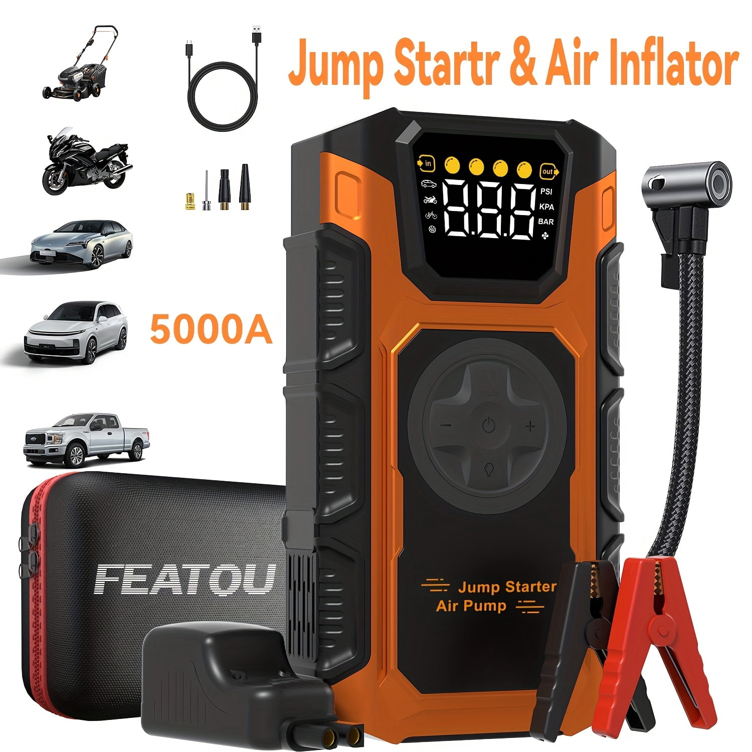 9000A/5000A 5-in-1 Heavy Duty Jump Starter with Air Compressor - 12V ...