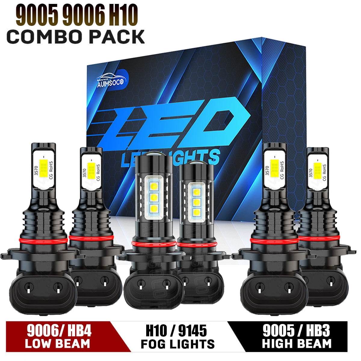 9005 9006 H10 8000 Lumens Bulbs Combo LED Headlight 6000k High/Low+Fog Light Cool White 6Pcs Non ...