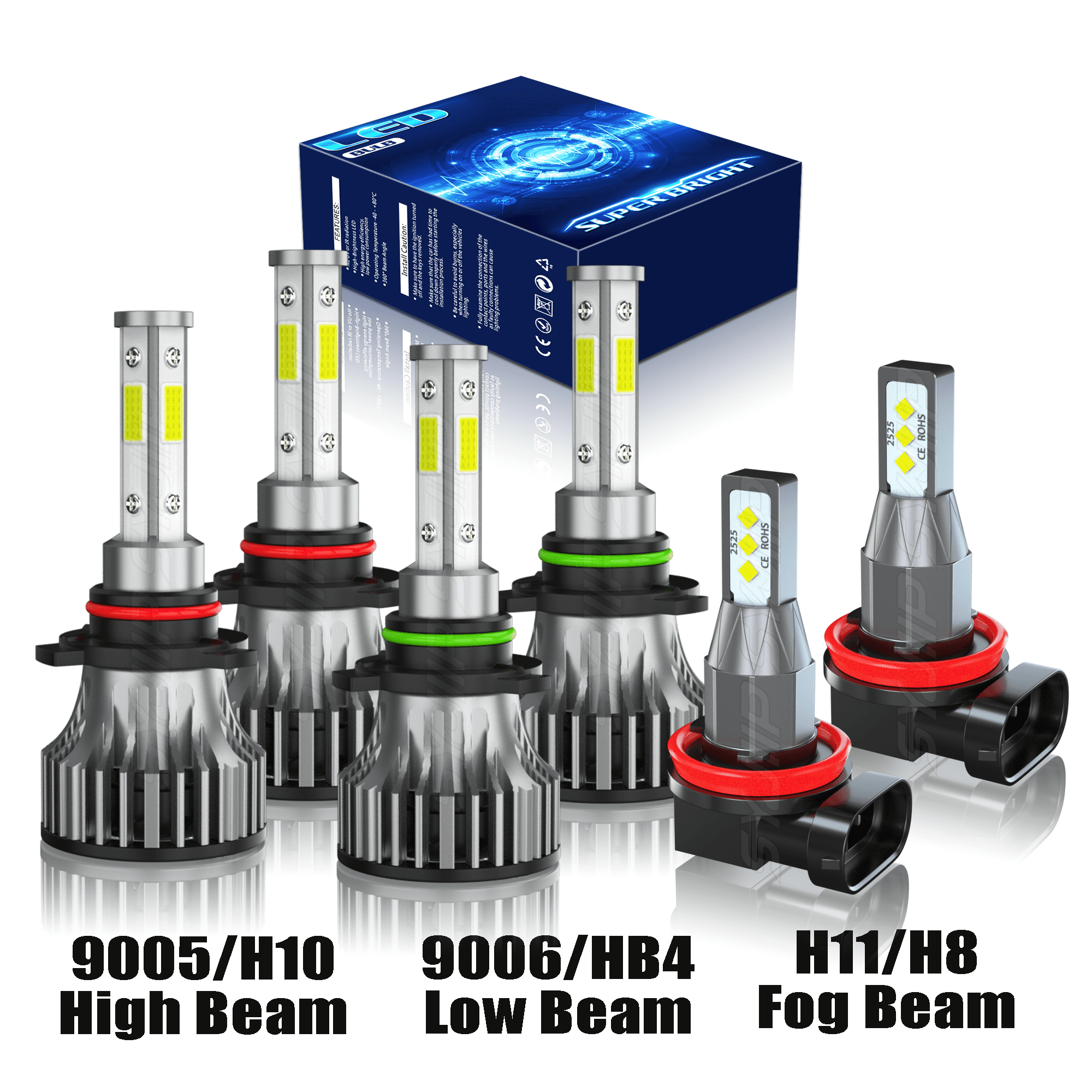 9005 9006 H11 LED Headlight Fog Light Kit High & Low Beam Bulb Combo White 6000K - Walmart.com