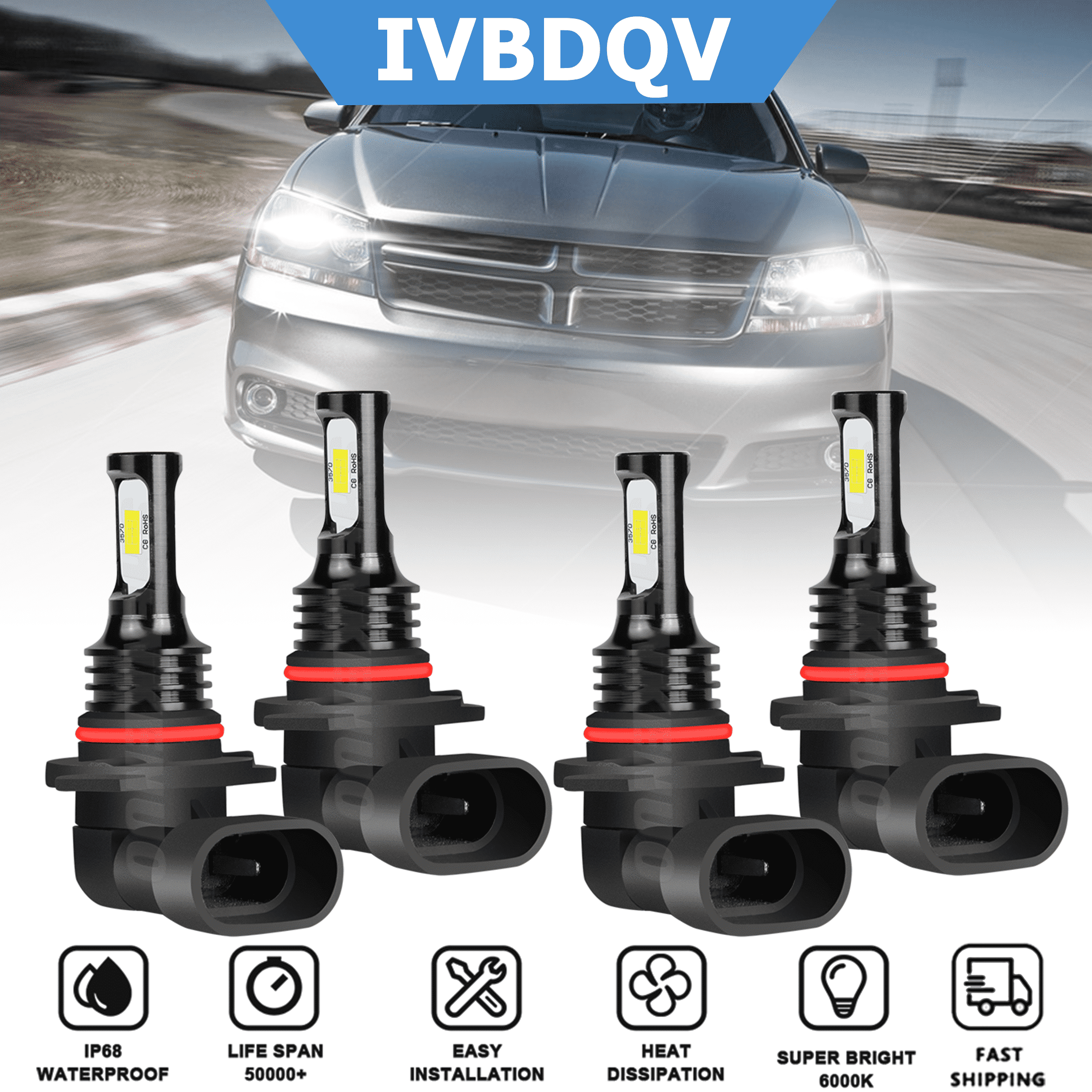 9005 9006 LED Headlights Combo For Dodge Avenger 2008-2014 High Low ...