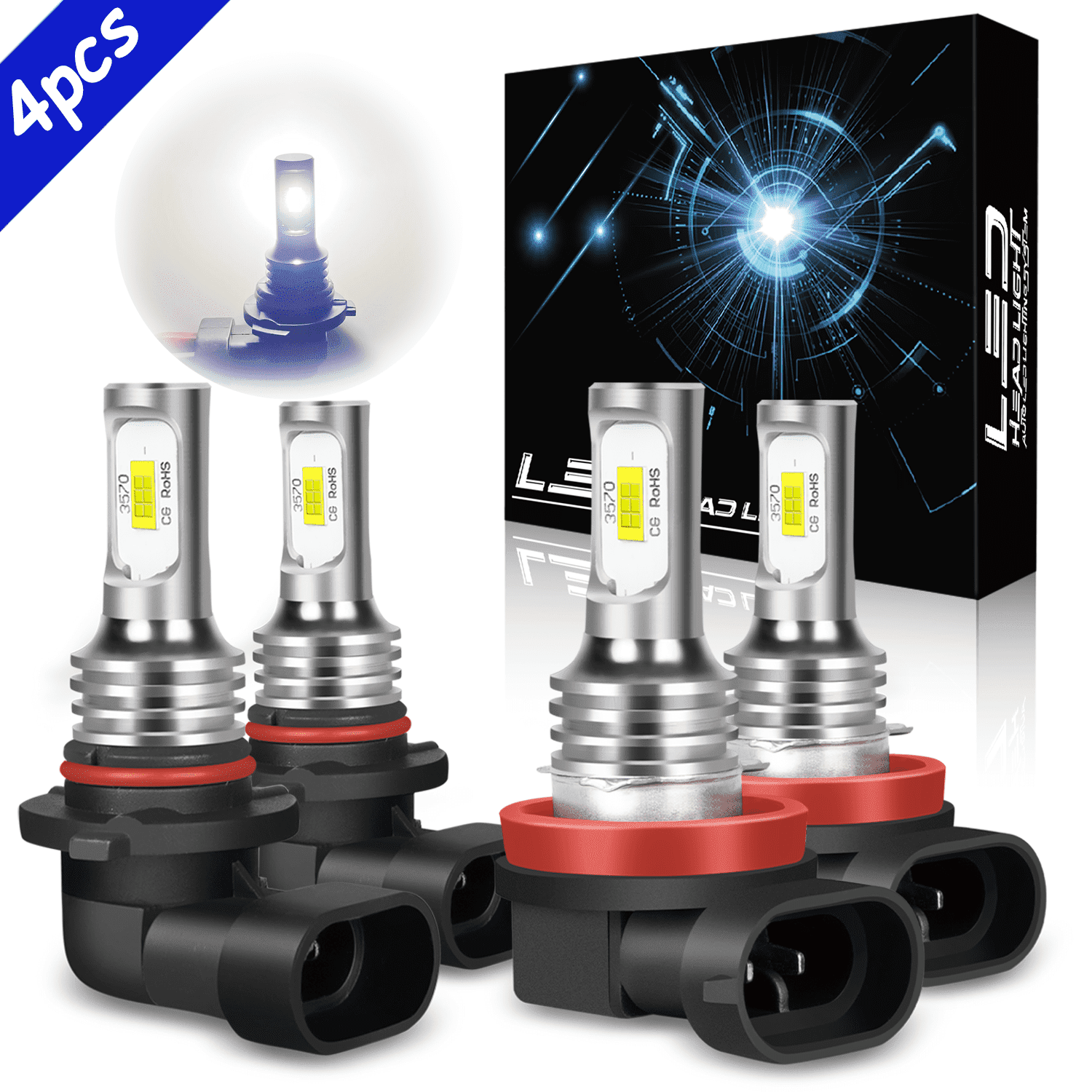 9005+H11 Combo LED Headlight Bulbs Conversion Kit High Low Beam 6000K ...
