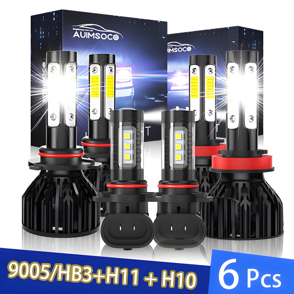 9005 H11 H10 LED Headlights Pack of 6 Combo High Low Beam Fog Lights 6000k White Bulbs 8000 ...