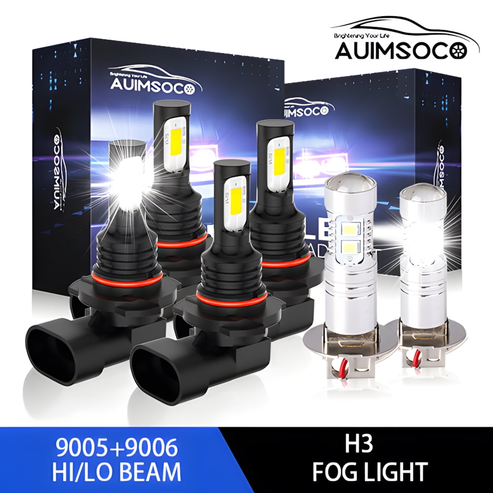 9005/HB3 9006/HB4 H3 Hi-Lo Beam Fog Lights Combo LED Headlights 6Pcs Lights White 8000LM Kit ...