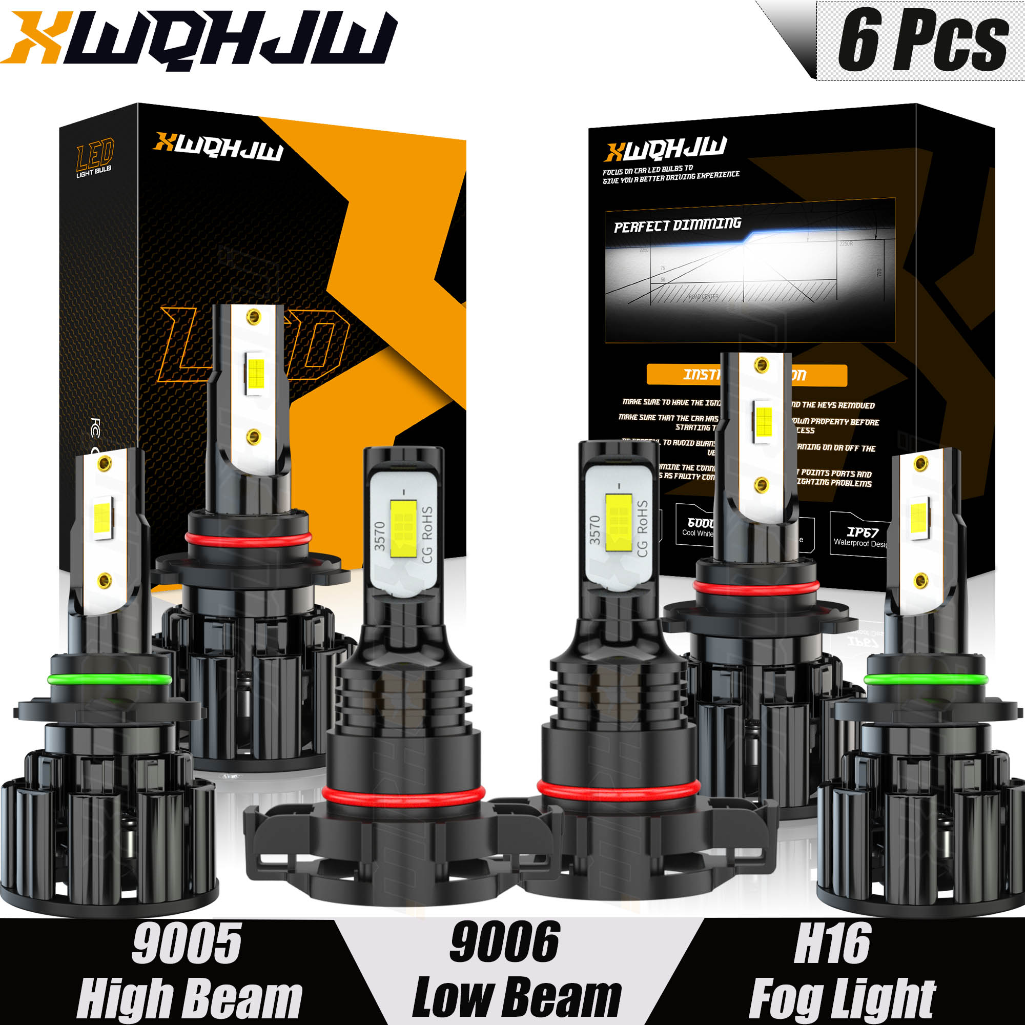 9005/HB3+9006 LED Headlight High Low Beam + H16/5202 LED Fog Light ...