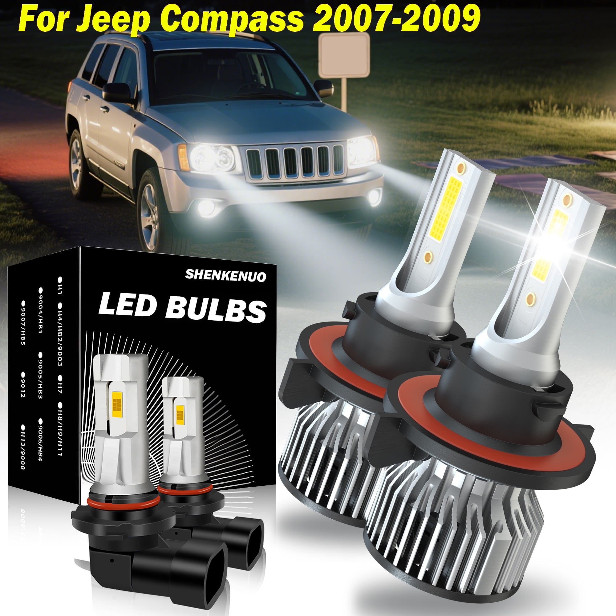 9008 9145 LED Headlight Hi/Low Beam Fog Light Bulb Kit For Jeep Compass ...